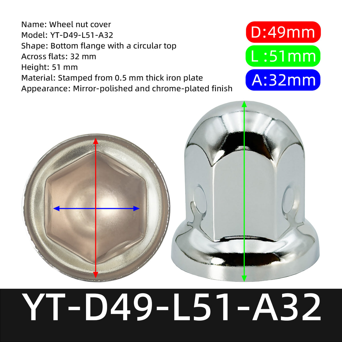 Wheel Nut Cover 32mm Across Flat, 51mm Height, Round End Short, Push-O